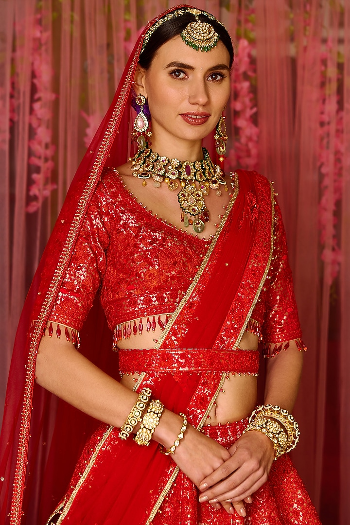 Red Brocade Embroidered Bridal Lehenga Set by Shyam Narayan Prasad at ...