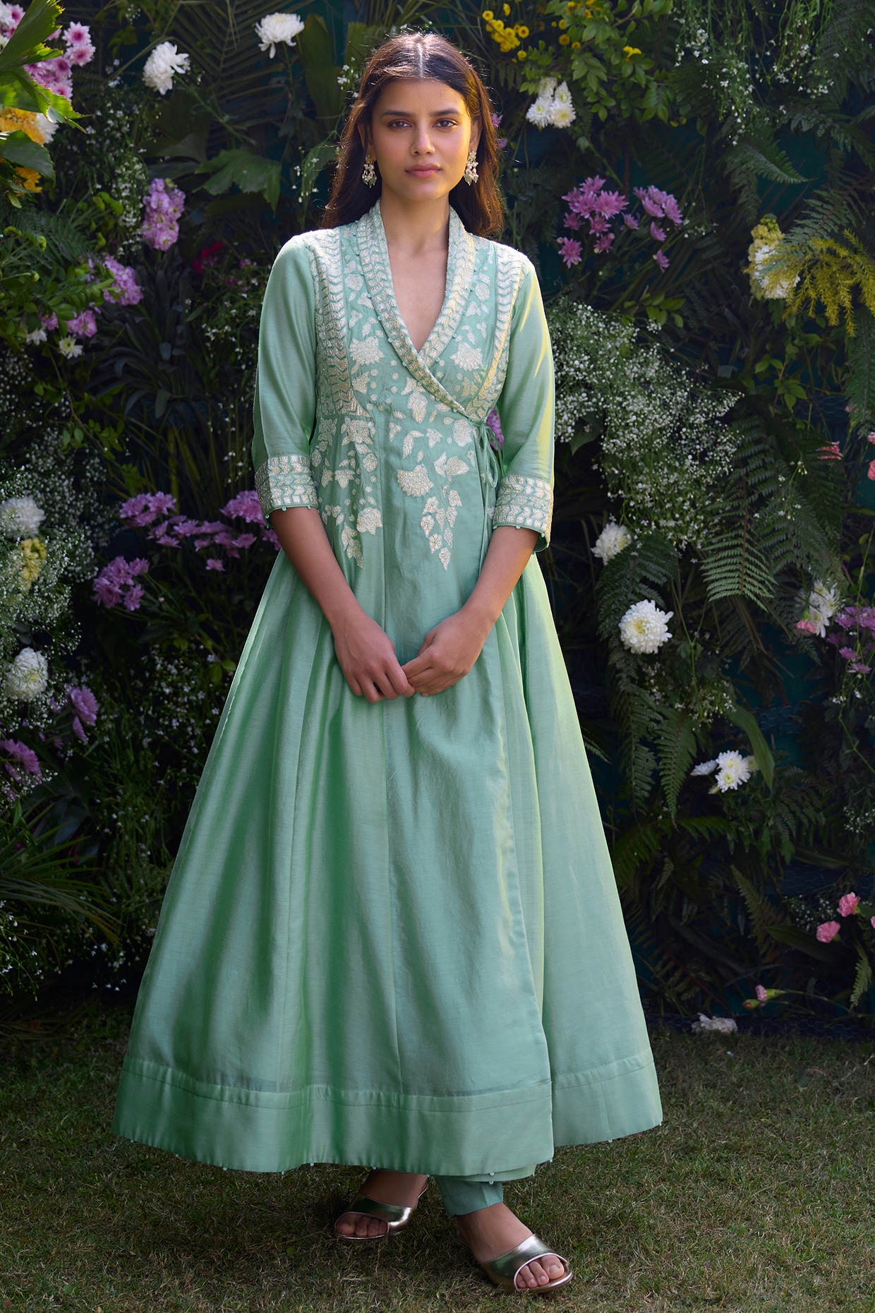 Bermuda Green Silk Chanderi Thread Embroidered Angrakha Set by Shyam ...
