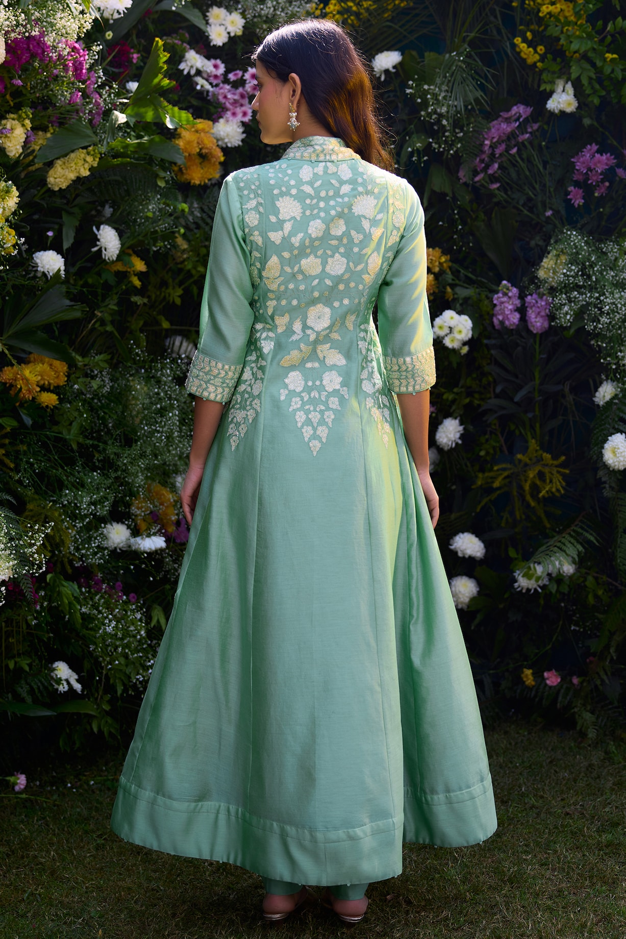 Bermuda Green Silk Chanderi Thread Embroidered Angrakha Set by Shyam ...