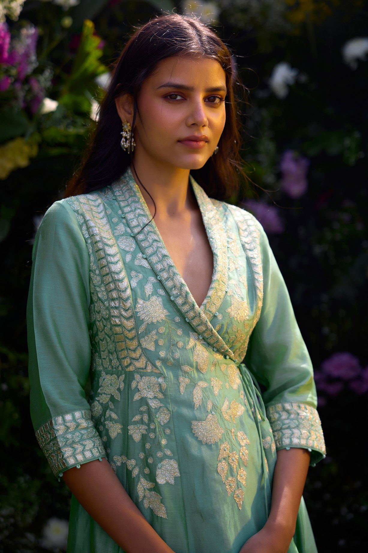 Bermuda Green Silk Chanderi Thread Embroidered Angrakha Set by Shyam ...
