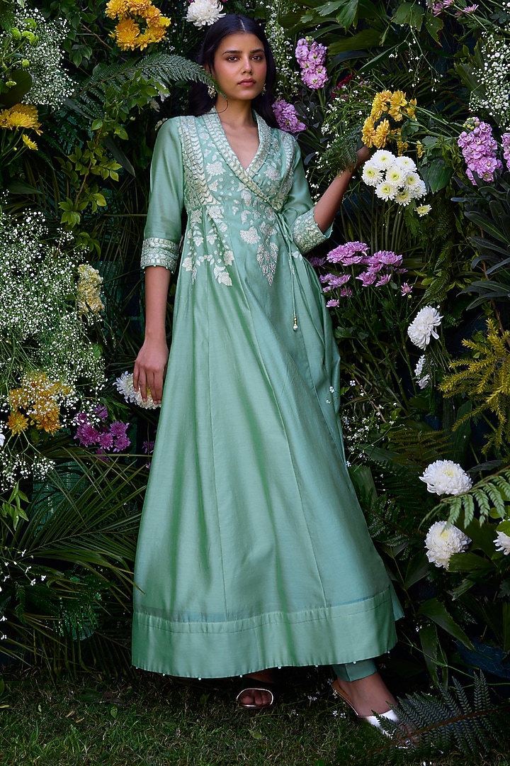 Bermuda Green Silk Chanderi Thread Embroidered Angrakha Set by Shyam ...
