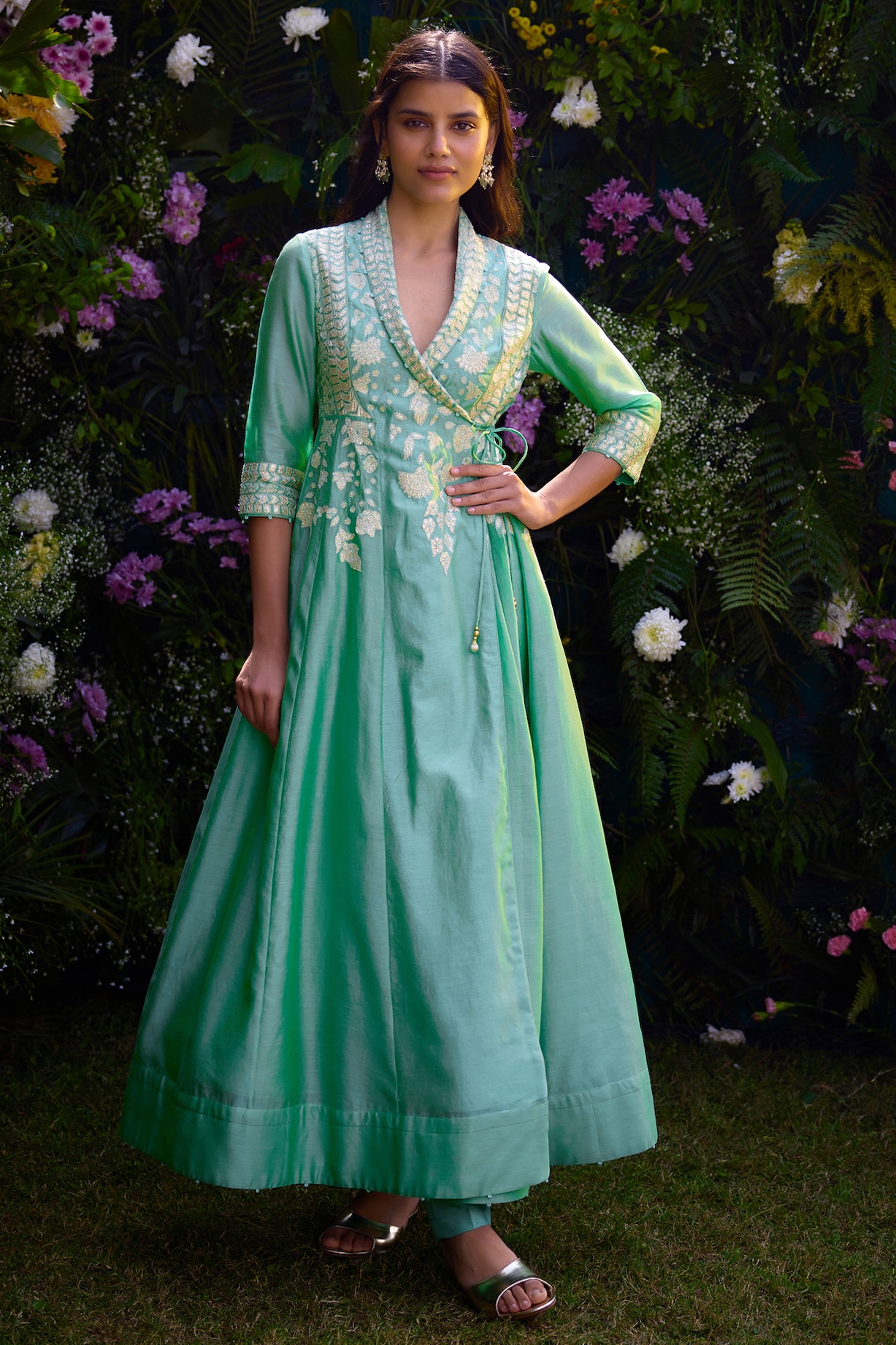 Bermuda Green Silk Chanderi Thread Embroidered Angrakha Set by Shyam ...
