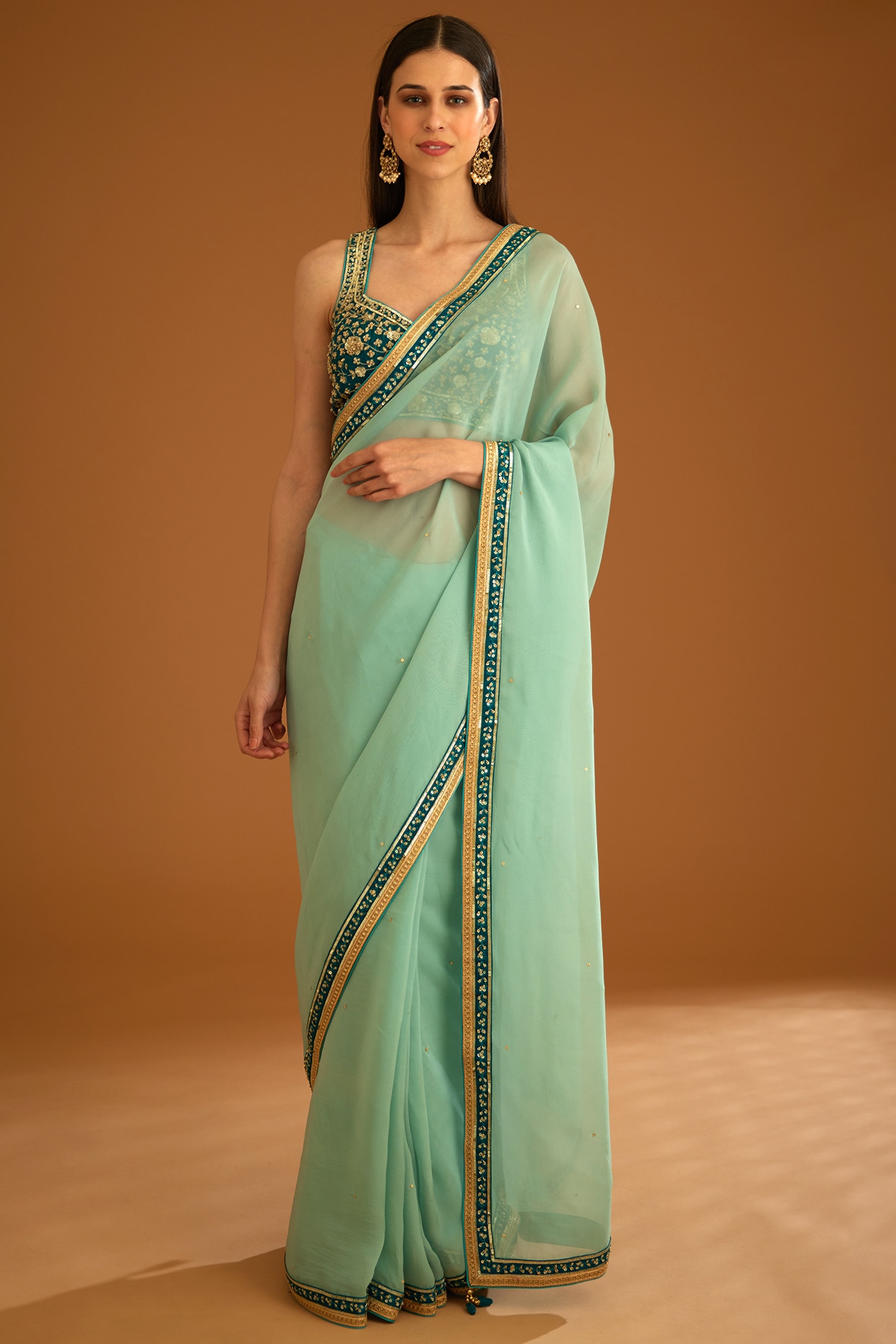 Opal Green Flat Chiffon Embroidered Saree Set by Shyam Narayan Prasad ...