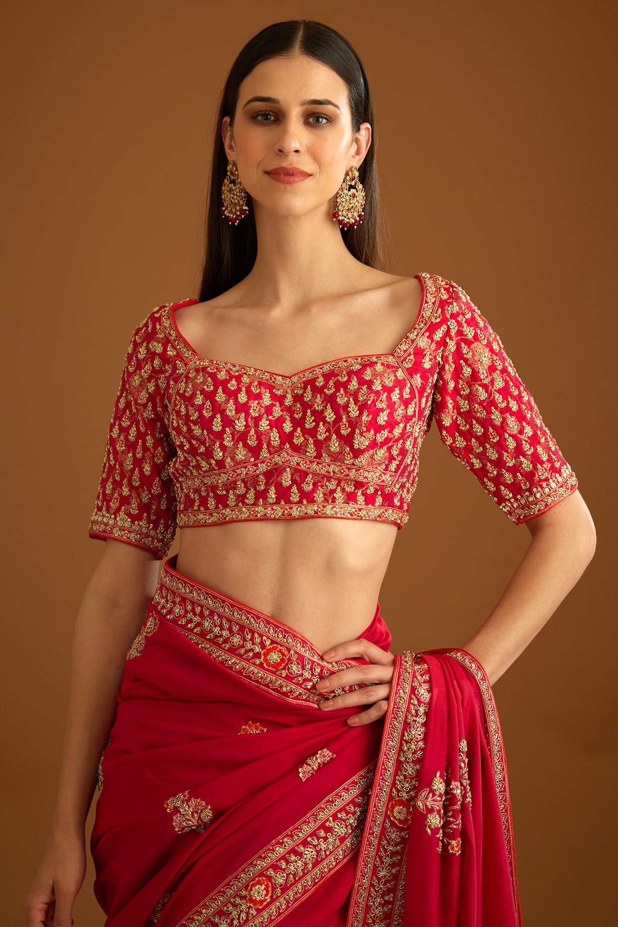 Barberry Red Silk Chanderi Embroidered Saree Set Design by Shyam ...