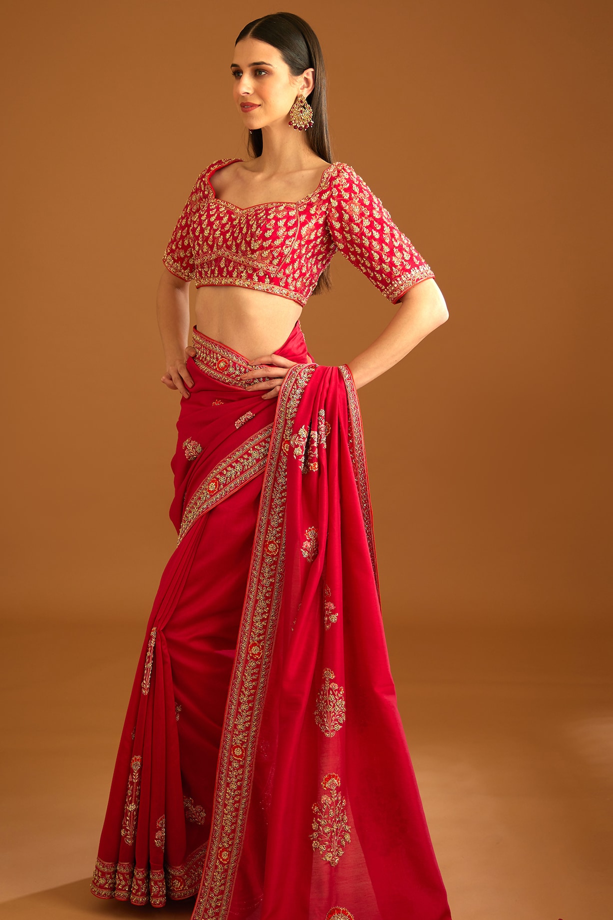 Barberry Red Silk Chanderi Embroidered Saree Set Design by Shyam ...