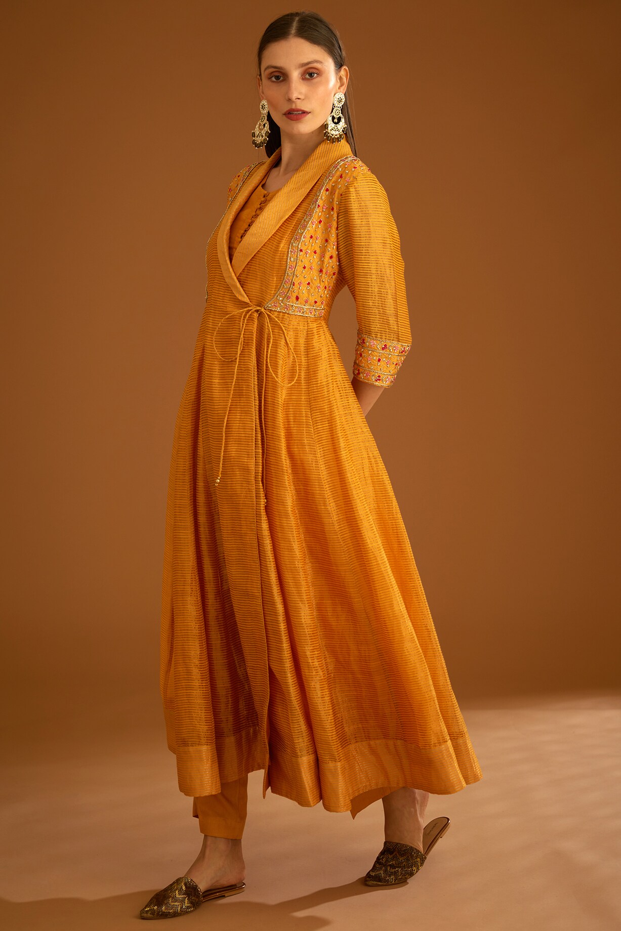 Mango Yellow Chanderi Embroidered Angrakha Set by Shyam Narayan Prasad ...