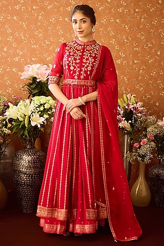 Persian Maroon Viscose Silk Brocade Hand Embroidered Wedding Anarkali ...