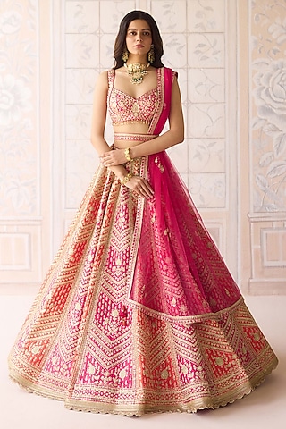 Coral Orange & Pink Raw Silk Dori Embroidered Wedding Lehenga Set by ...