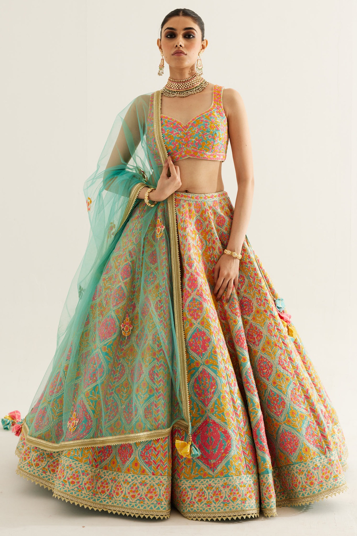 Capri Blue Raw Silk Gota & Thread Embroidered Wedding Lehenga Set by ...