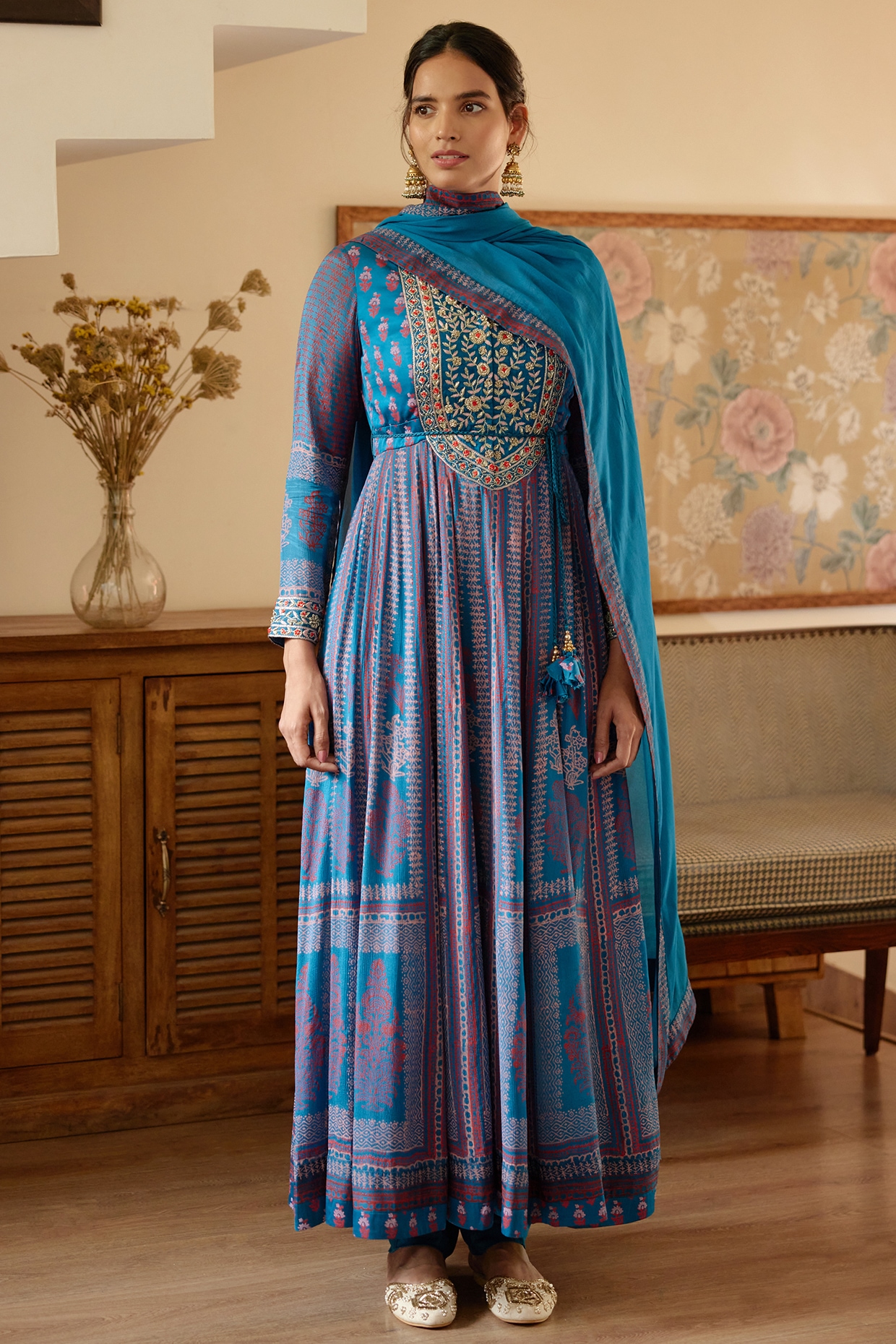 Royal Blue Block Printed Anarkali Set by Shyam Narayan Prasad at Pernia ...