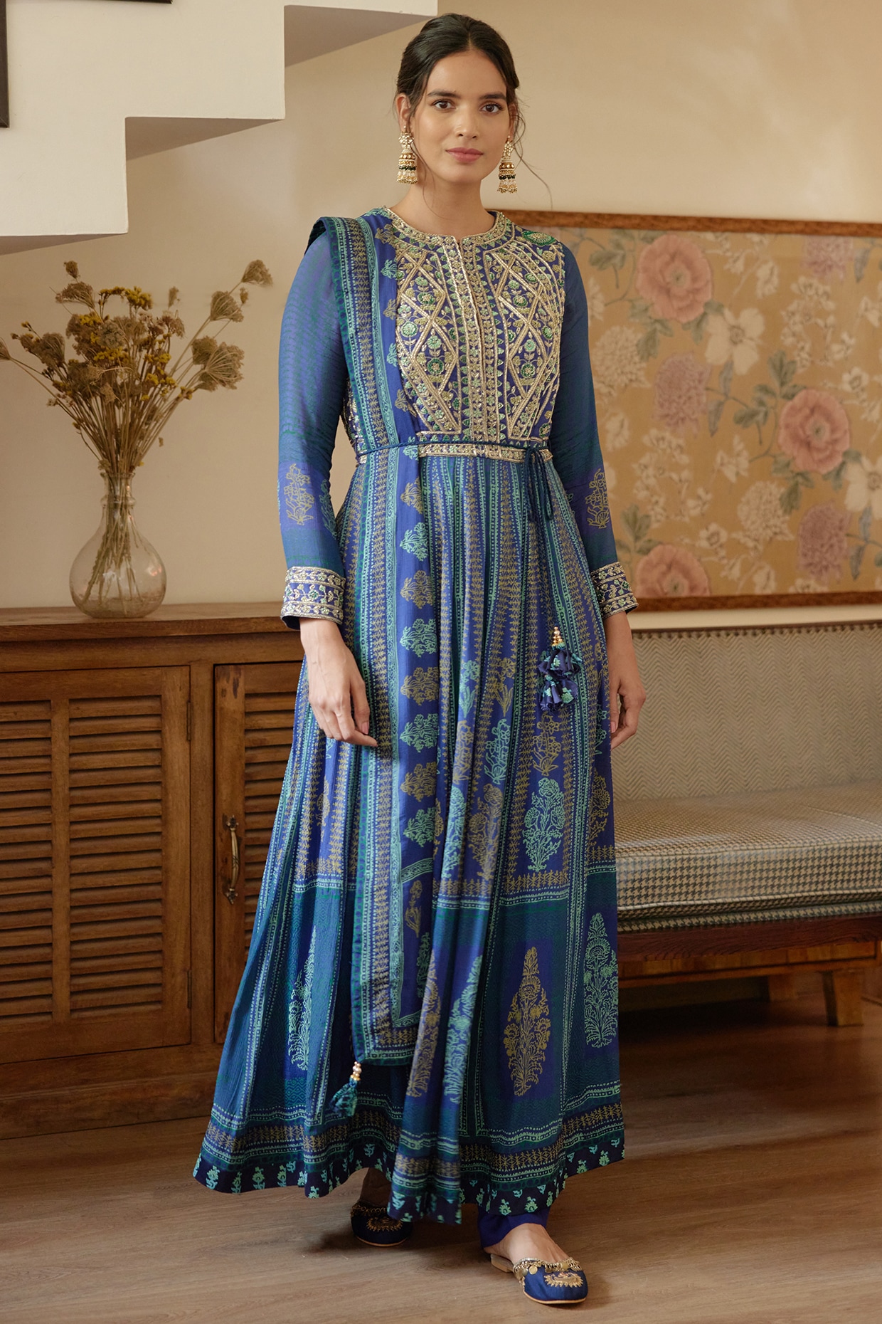 Royal Blue Block Printed & Embroidered Anarkali Set by Shyam Narayan ...