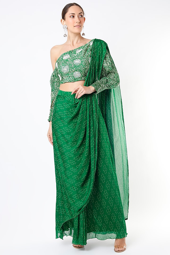 Jungle Green Chinon Pre-Draped Saree Set by Suave by Neha & Shreya at ...