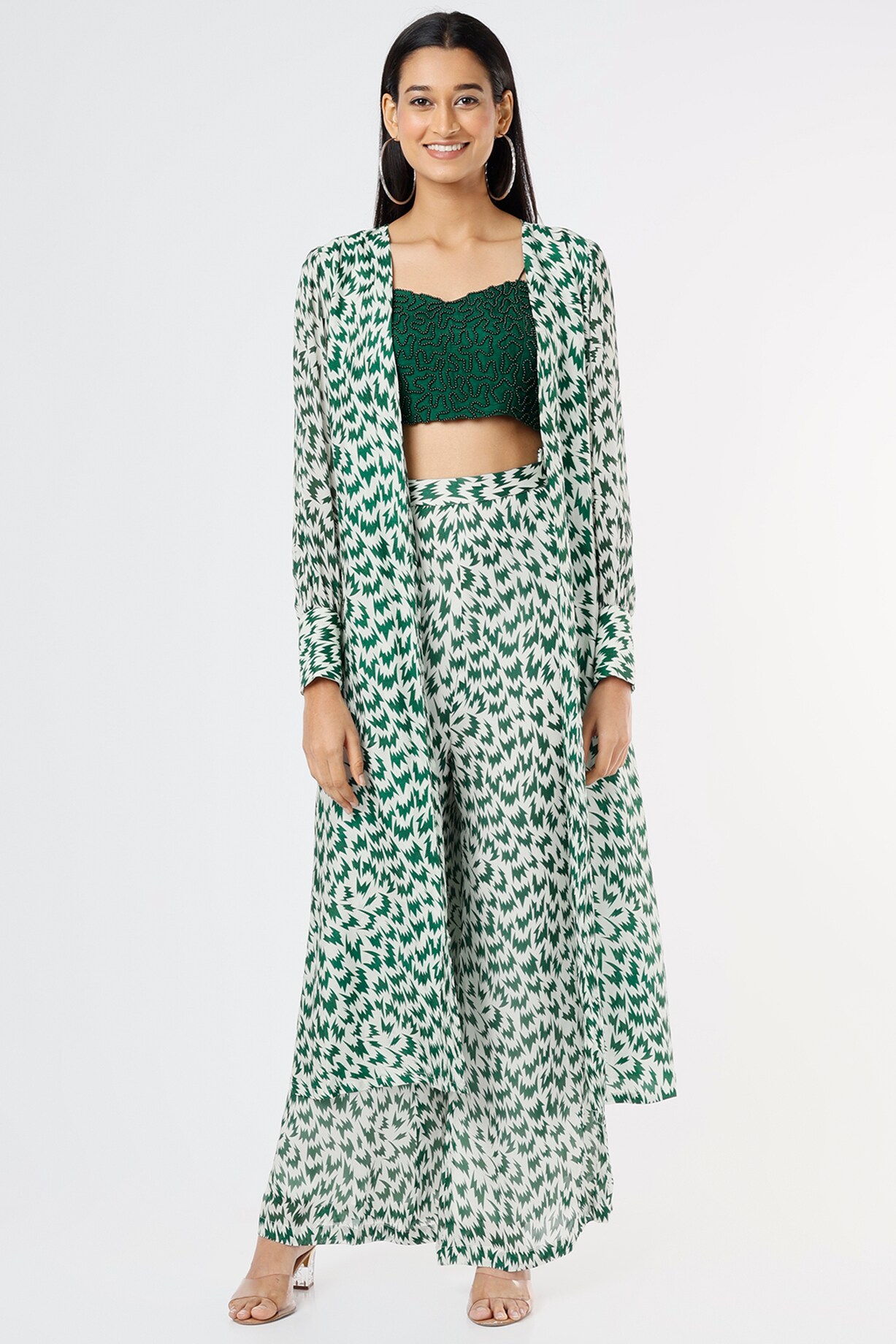 Green Digital Printed Dola Silk Jacket Set Design by Suave By Neha ...