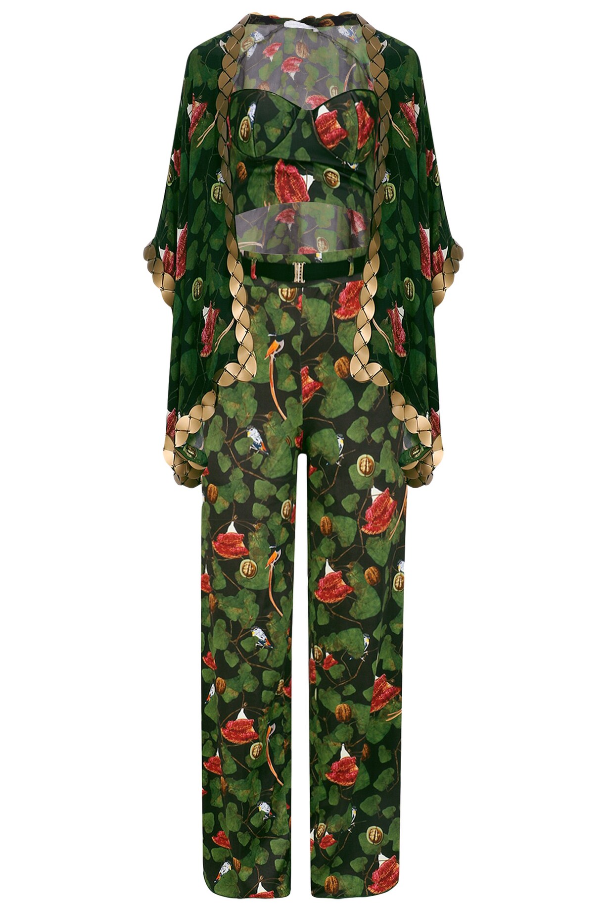 Acrot print bustier with trousers and kite skein work cape set ...