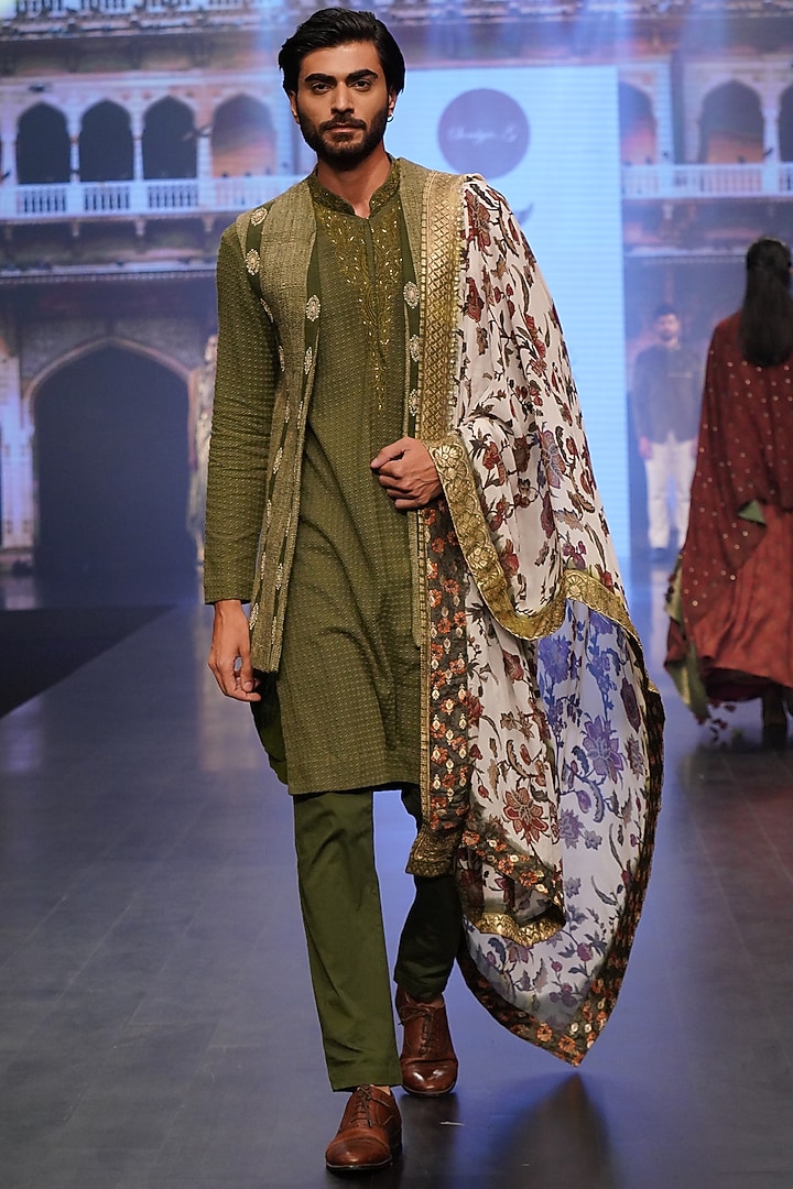 Olive Green Jute Silk Jacket With Kurta Set by Soniya G Men at Pernia's ...