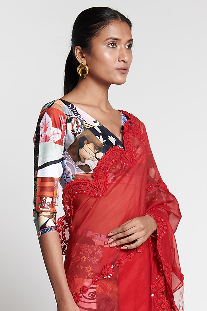 Red Silk Organza Saree Set by Shivan & Narresh at Pernia's Pop Up Shop 2026