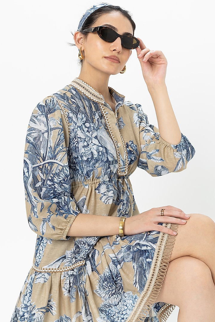 Tan Linen Blend Mini Summer Dress by Sobariko at Pernia's Pop Up Shop 2025