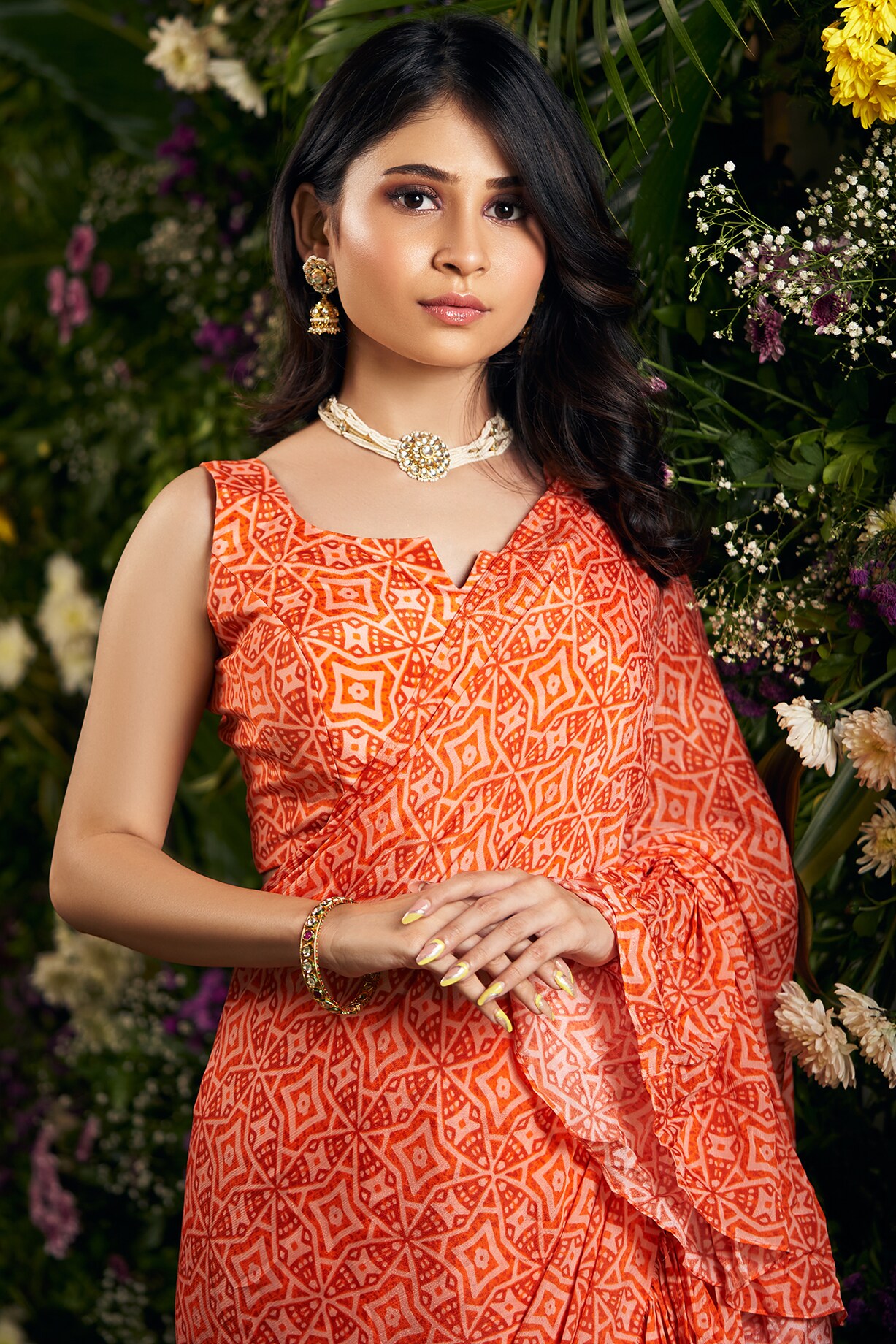 Orange Printed Ruffled Saree Set Design by Sobariko at Pernia's Pop Up ...