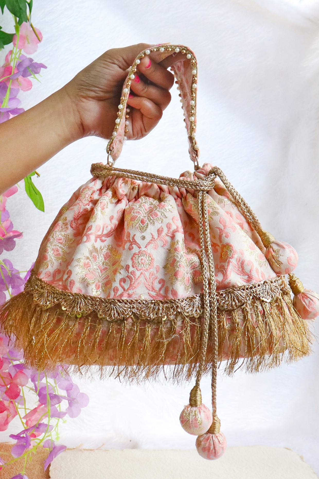 Peach Banarasi Silk Embellished Potli by Soho Boho Studio at Pernia's ...