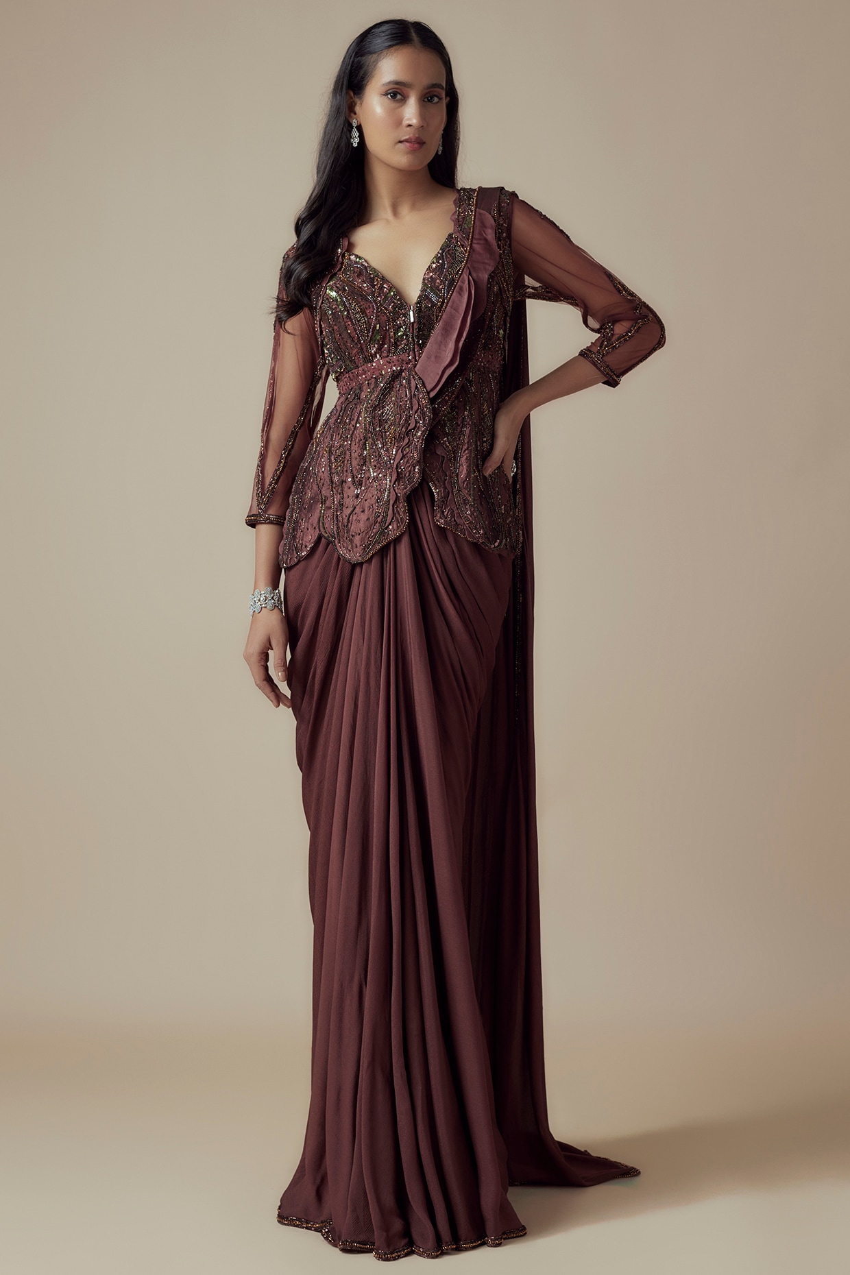 Brown Chiffon & Net Pre-Draped Saree Set by Soltee by Sulakshana Monga ...