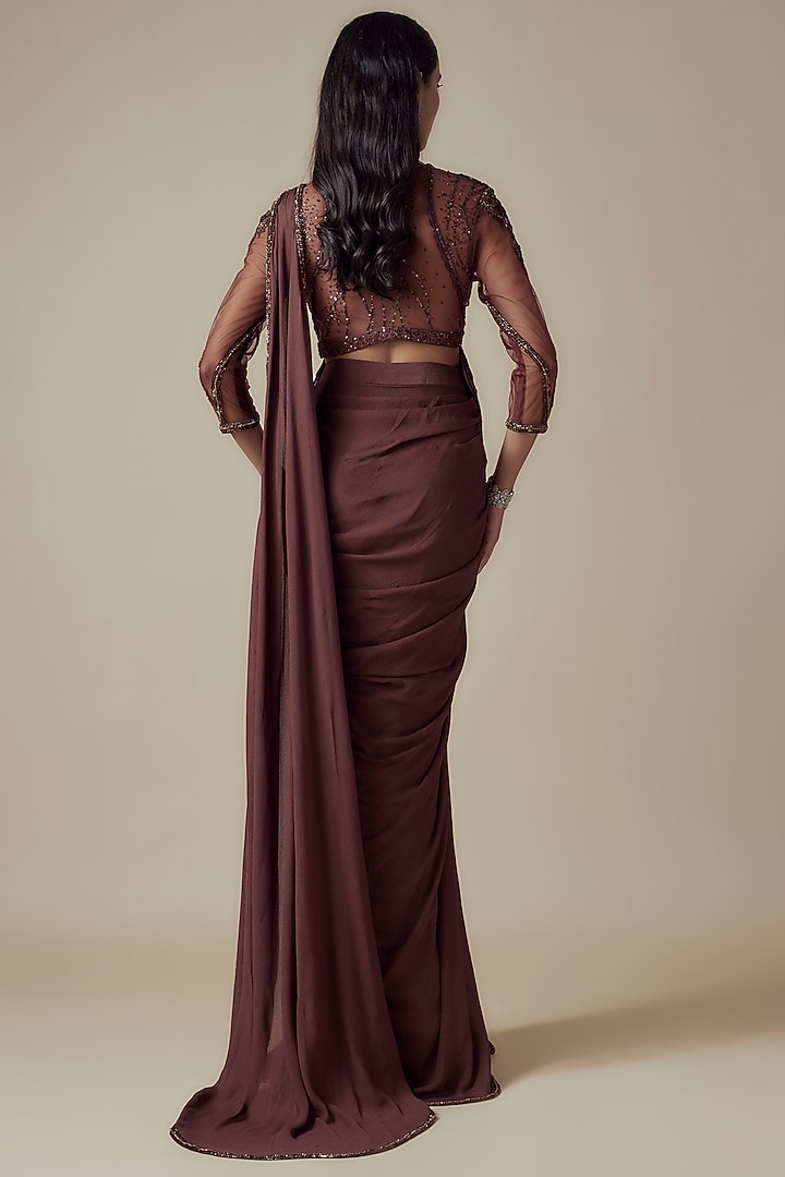 Brown Chiffon & Net Pre-Draped Saree Set by Soltee by Sulakshana Monga ...