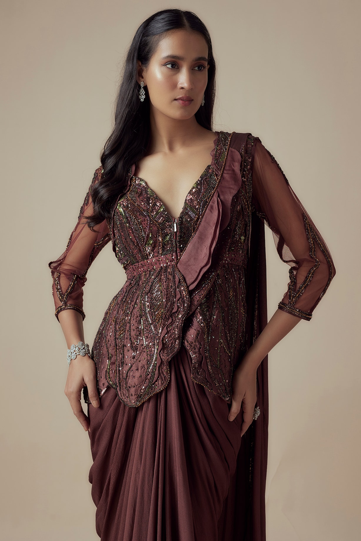 Brown Chiffon & Net Pre-Draped Saree Set by Soltee by Sulakshana Monga ...