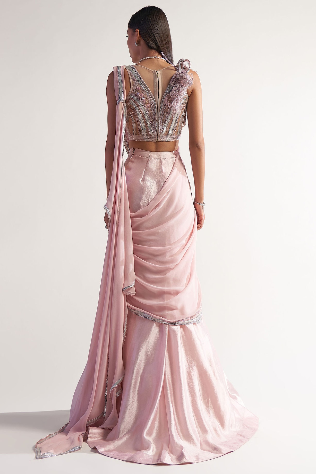 Soft Pink Net & Assam Silk Draped Saree Set by Sulakshana Monga at Pernia's Pop Up Shop 2025