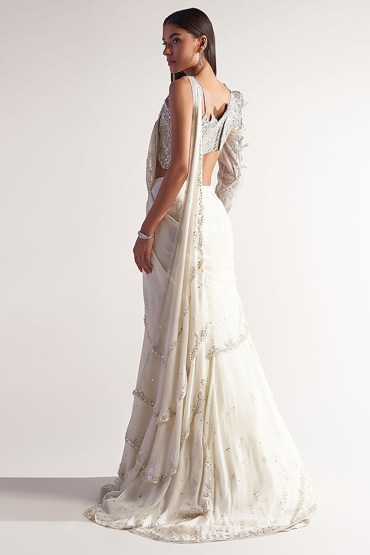 Ivory Net & Georgette Draped Saree Set Design by Sulakshana Monga at ...