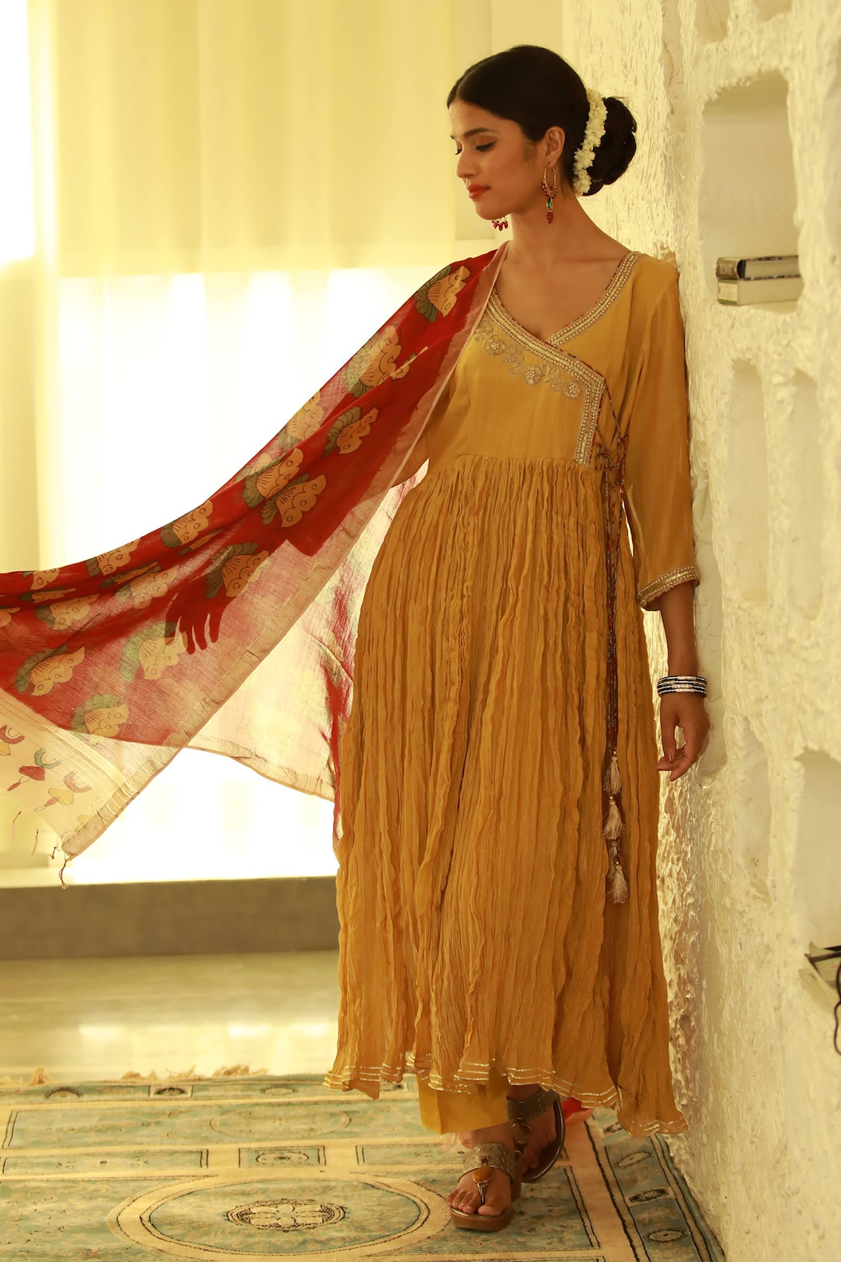 Yellow Mul Chanderi Hand Embroidered Angrakha Kurta Set by Sonali Methi ...