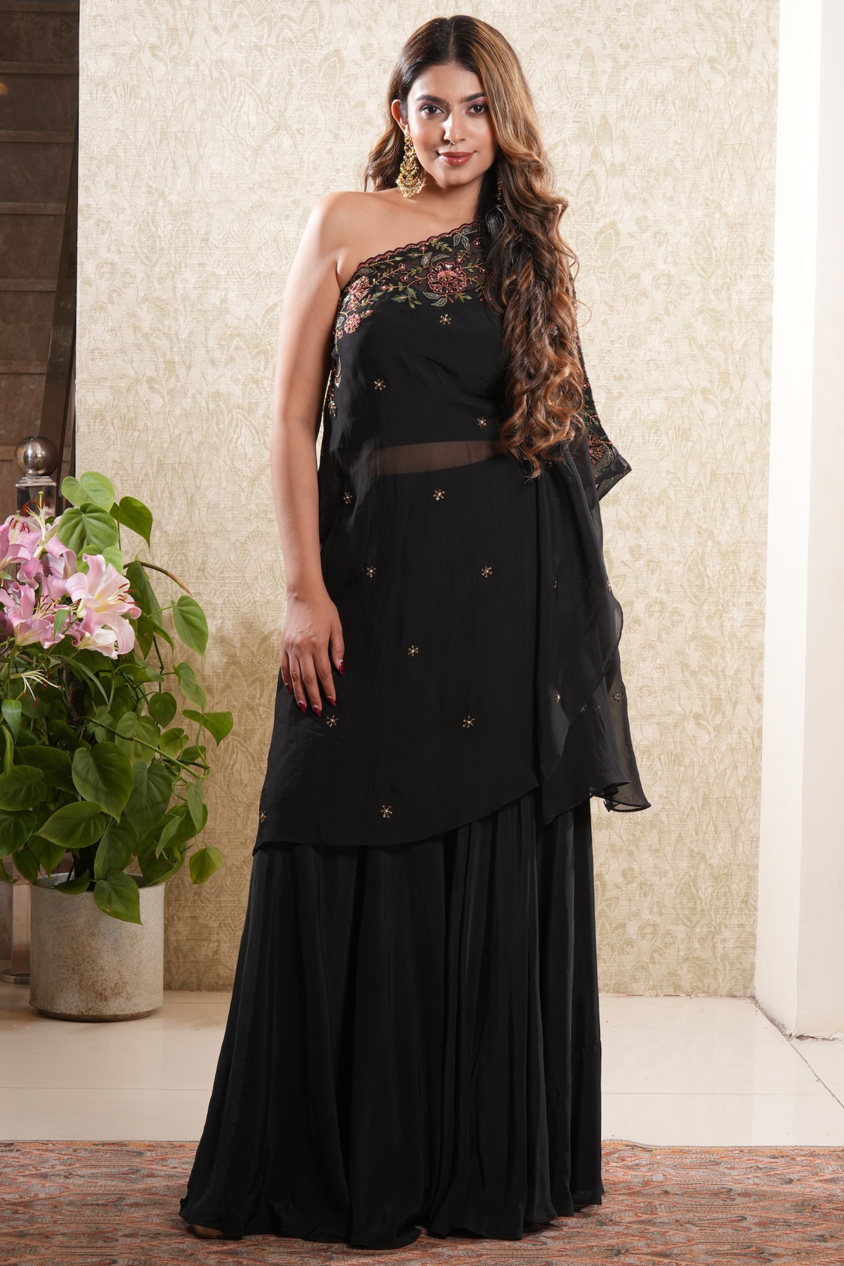 Black Pure Crepe Party Wear Sharara Set by Sonali Methi at Pernia's Pop Up Shop 2025