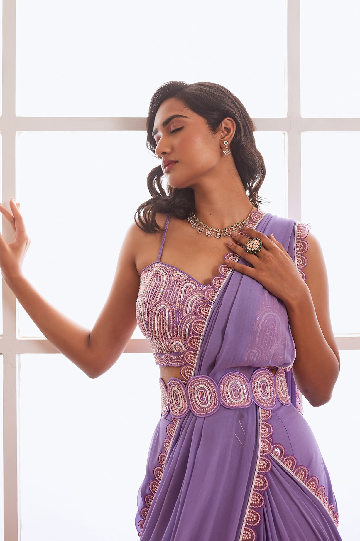 Lavender Georgette & Organza Embroidered Pre-Draped Saree Set by SONAL PASRIJA at Pernia's Pop ...