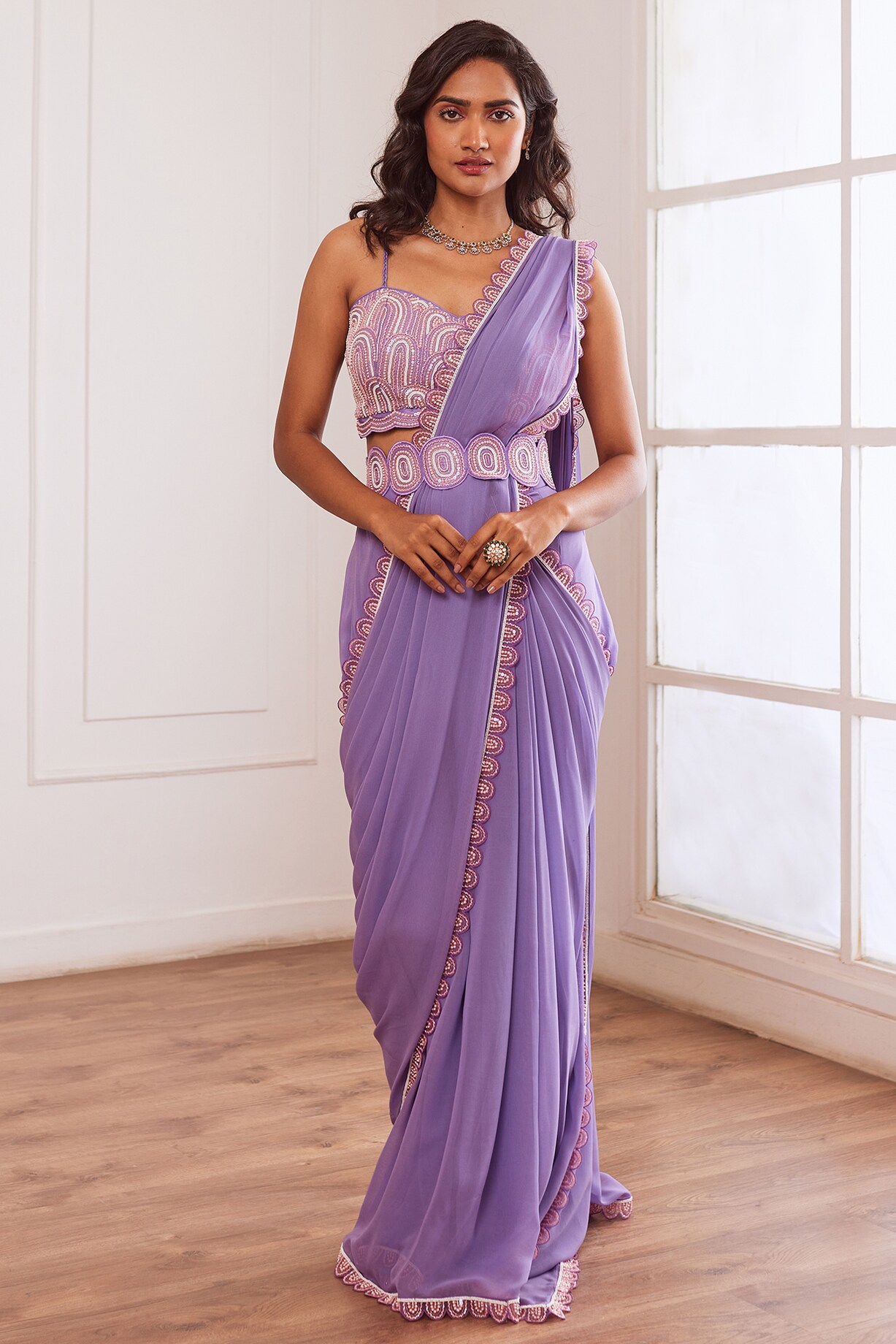Lavender Georgette & Organza Embroidered Pre-Draped Saree Set by SONAL ...