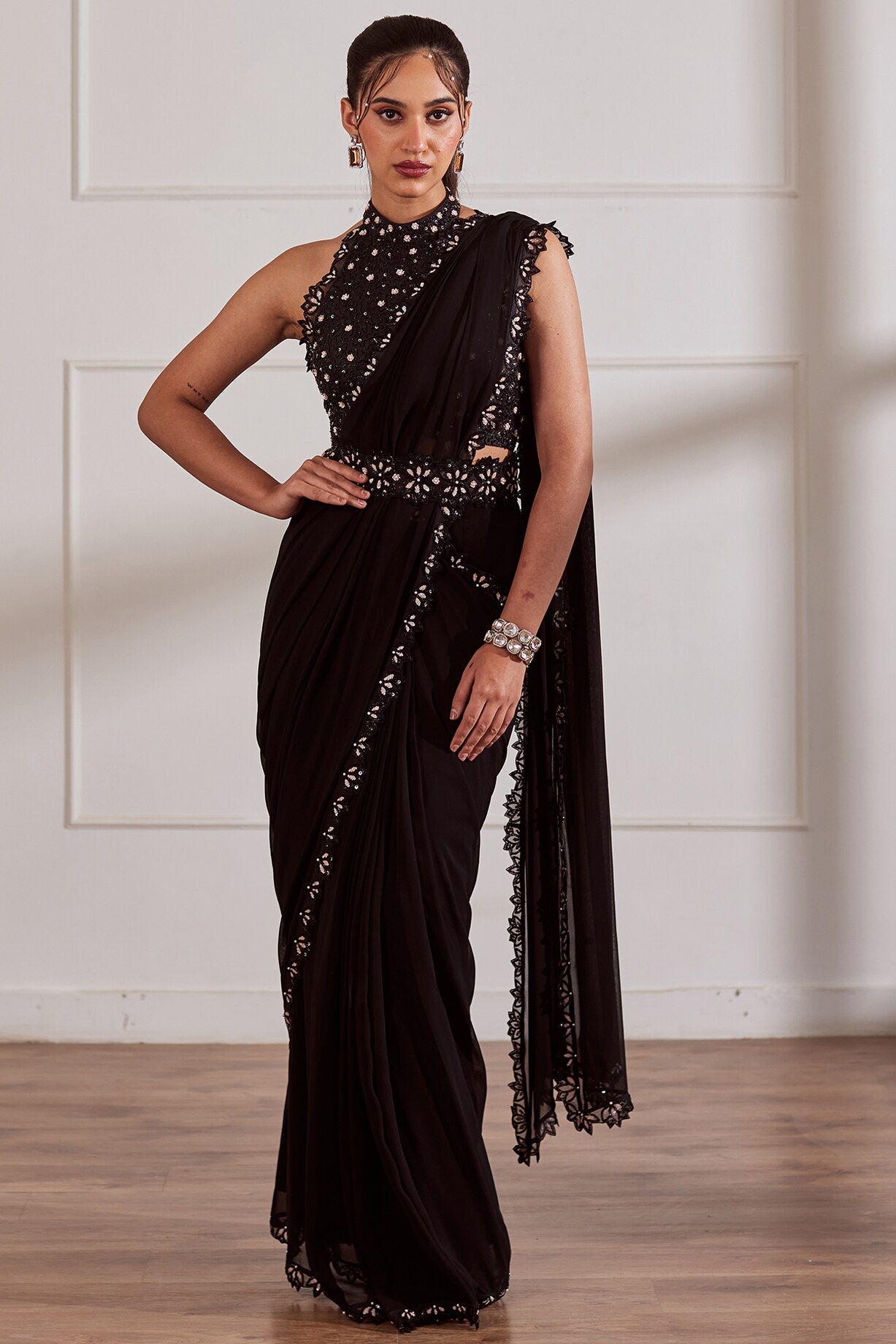 Black Georgette & Organza Embroidered Pre-Draped Saree Set by SONAL ...