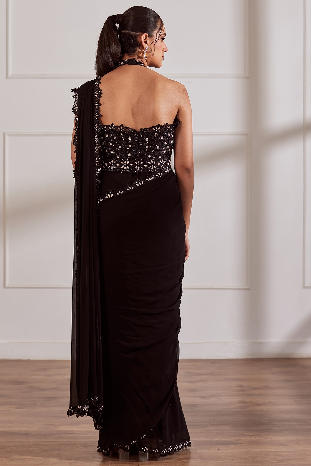Black Georgette & Organza Embroidered Pre-Draped Saree Set by SONAL ...