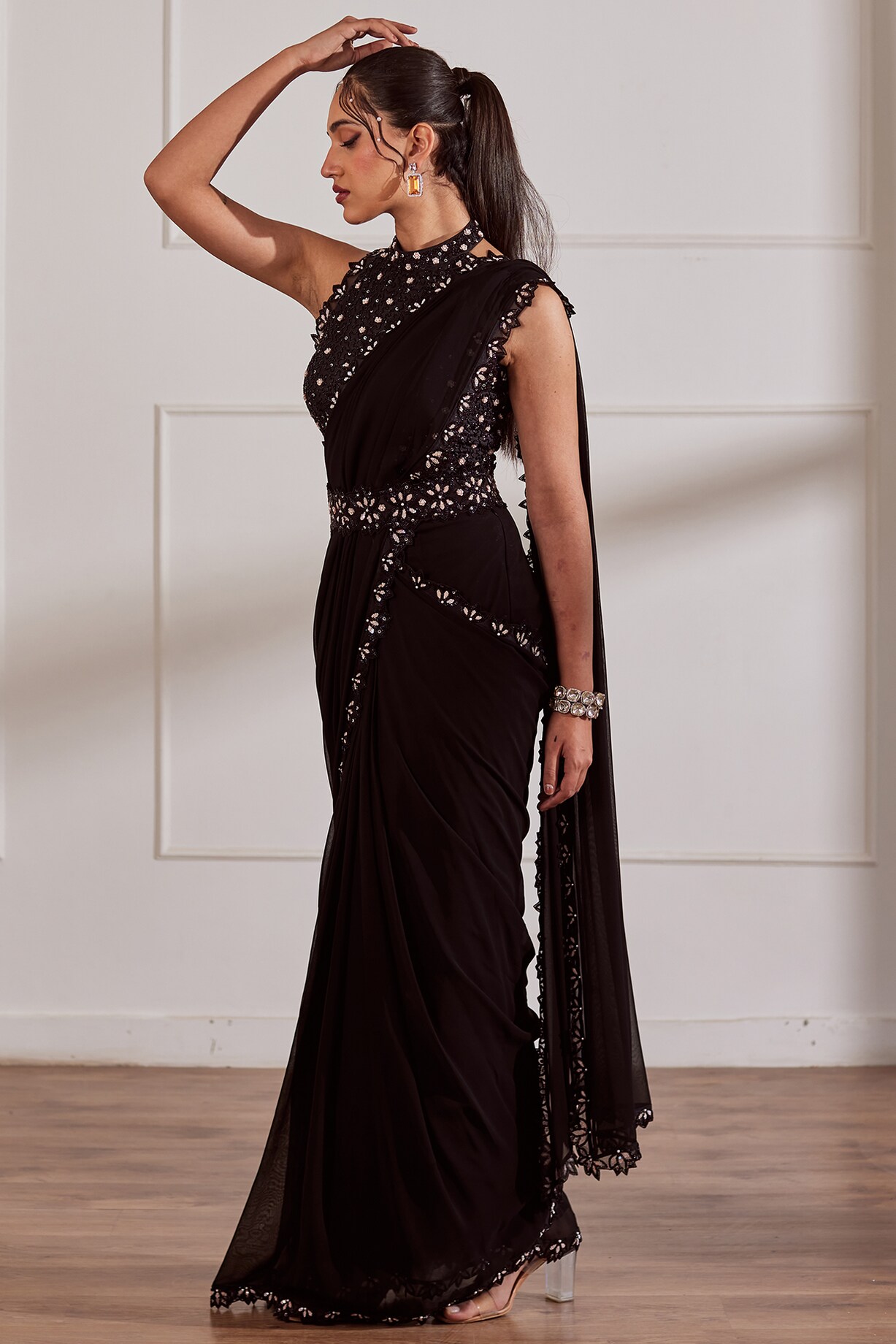 Black Georgette & Organza Embroidered Pre-Draped Saree Set by SONAL ...