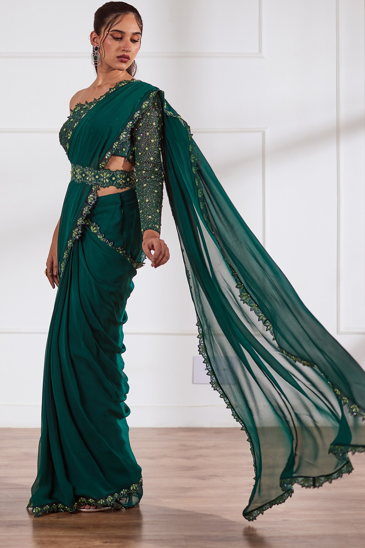 Bottle Green Silk & Georgette Embroidered Pre-Draped Saree Set by SONAL ...