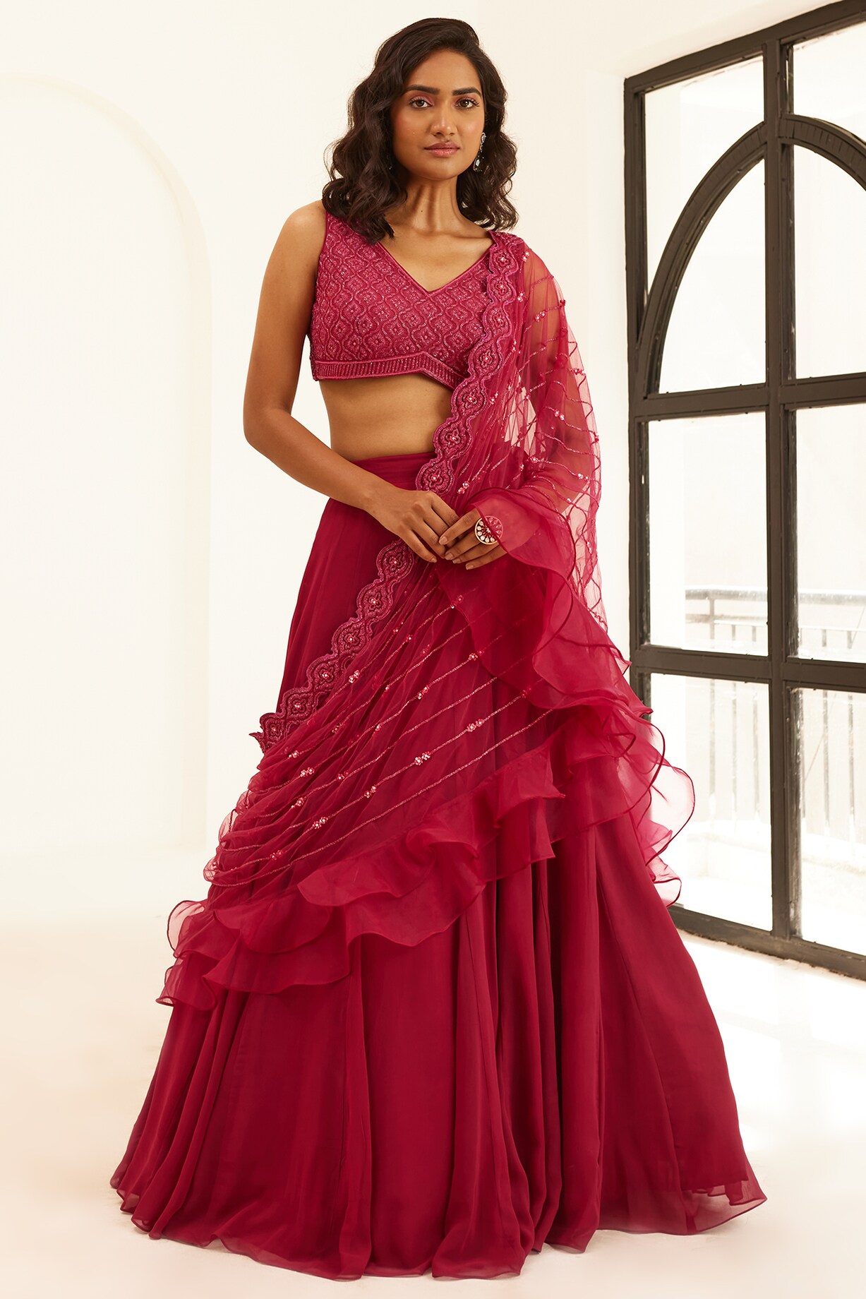 Plum Georgette & Organza Kalidar Lehenga Saree Set by SONAL PASRIJA at ...