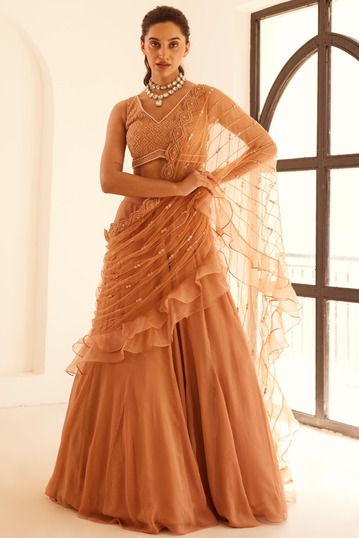 Beige Georgette & Organza Kalidar Lehenga Saree Set by SONAL PASRIJA at ...