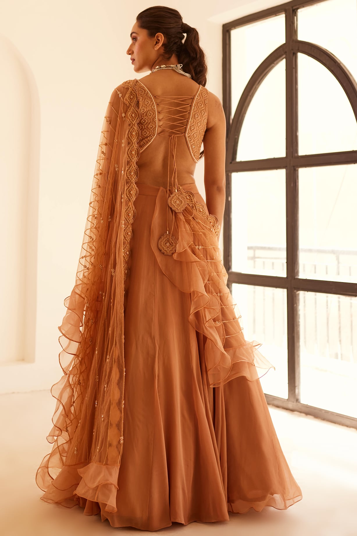 Beige Georgette & Organza Kalidar Lehenga Saree Set by SONAL PASRIJA at ...