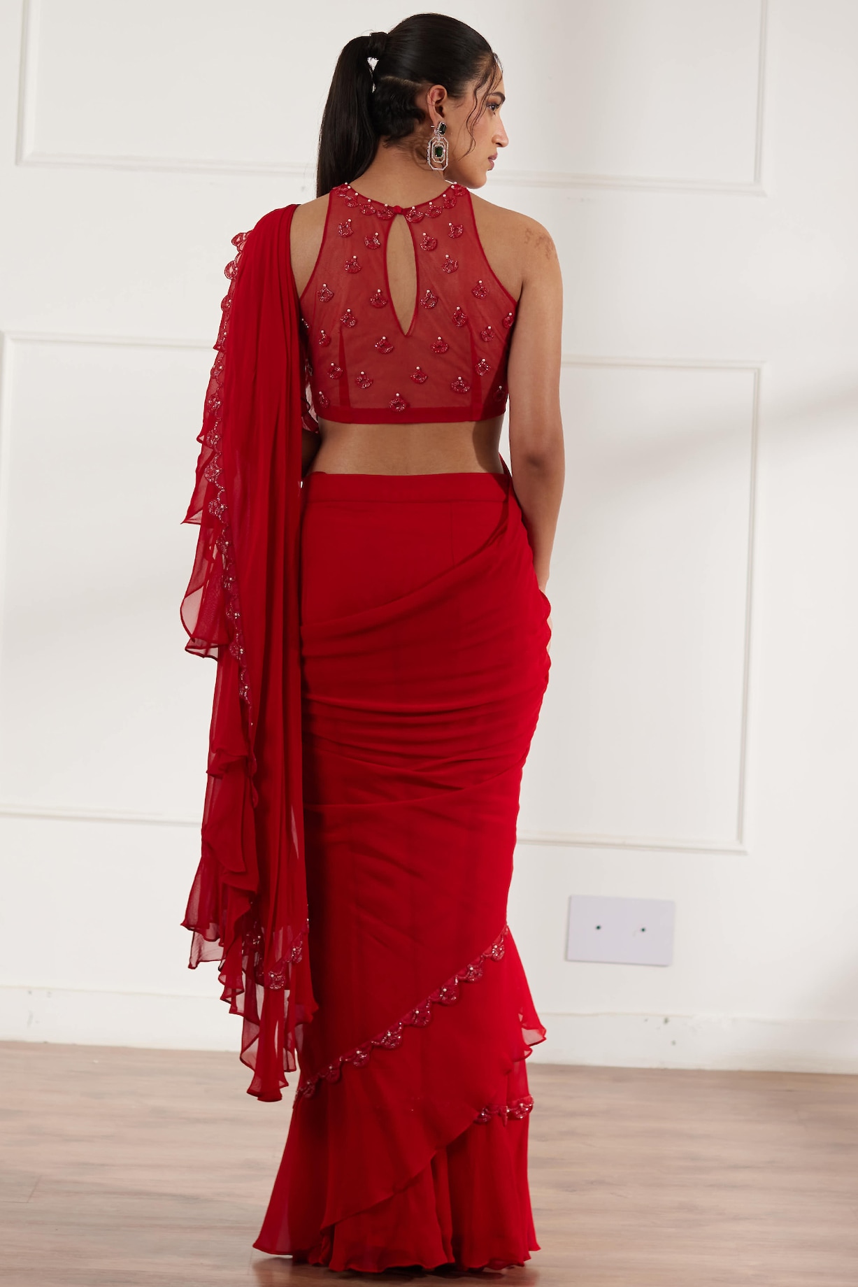 Red Georgette & Upada Silk Frilled Pre-Draped Saree Set by SONAL ...