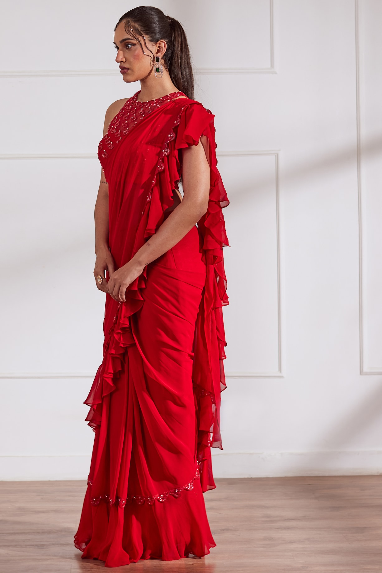 Red Georgette & Upada Silk Frilled Pre-Draped Saree Set by SONAL ...
