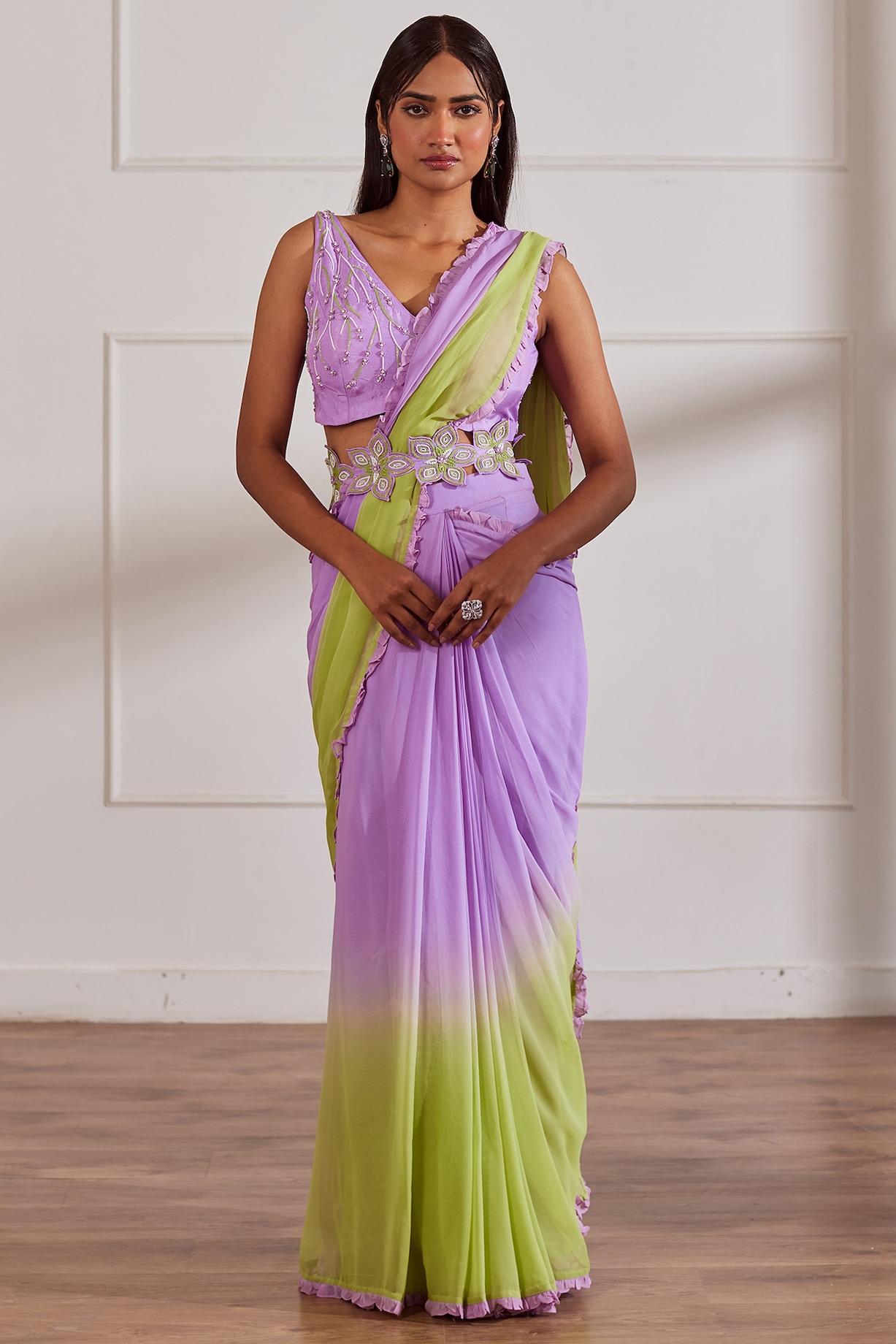 Lavender & Green Ombre Georgette Pre-Draped Saree Set by SONAL PASRIJA ...