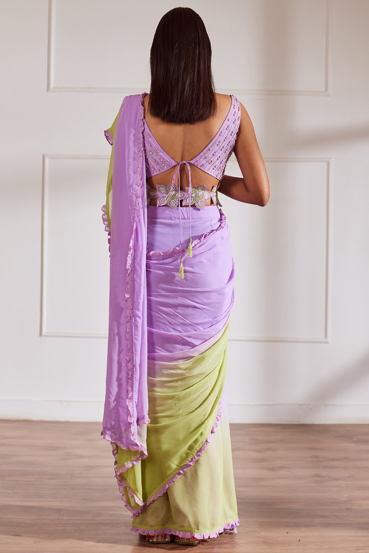 Lavender & Green Ombre Georgette Pre-Draped Saree Set by SONAL PASRIJA ...