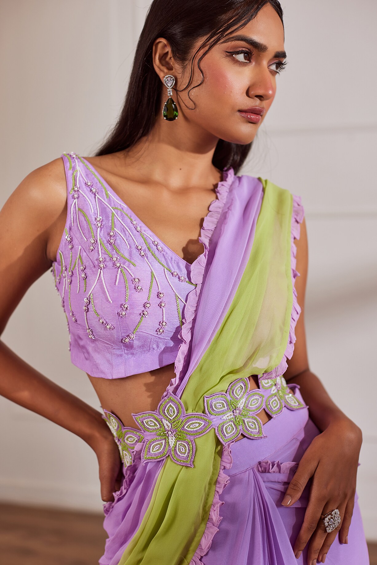 Lavender & Green Ombre Georgette Pre-Draped Saree Set by SONAL PASRIJA ...