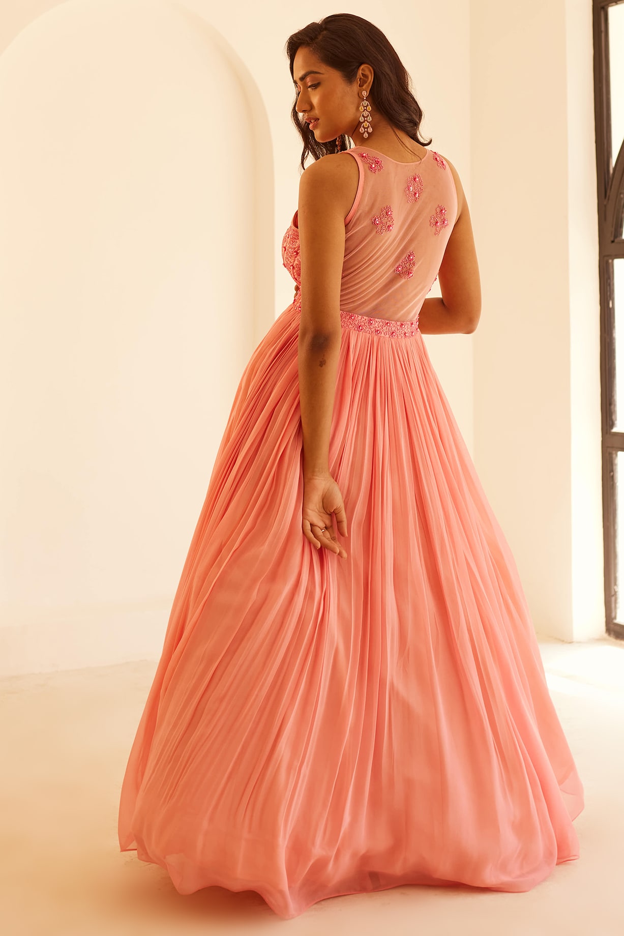 Peachish Pink Georgette & Silk Embellished Anarkali Set by SONAL ...
