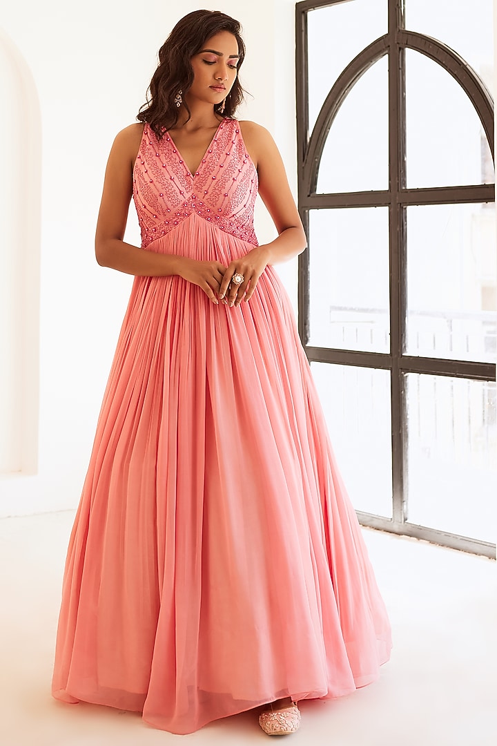 Peachish Pink Georgette & Silk Embellished Anarkali Set by SONAL ...