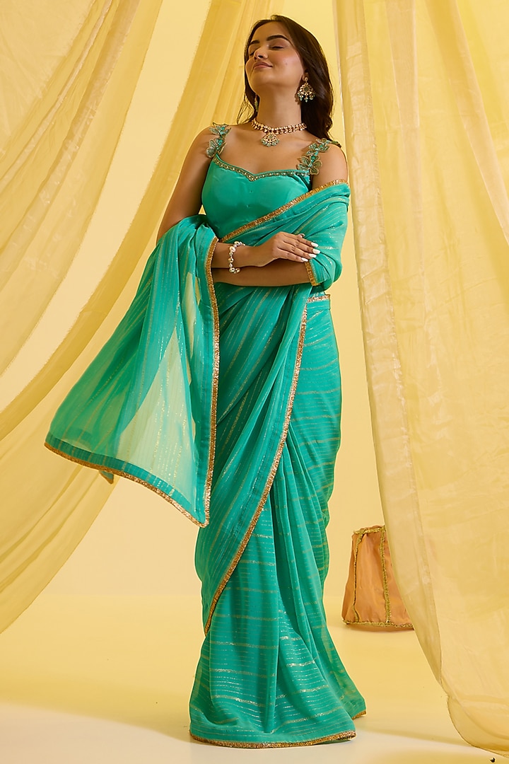 Dark Aqua Blue Silk & Lurex Pre-Draped Saree Set by SONAL PASRIJA at Pernia's Pop Up Shop 2025