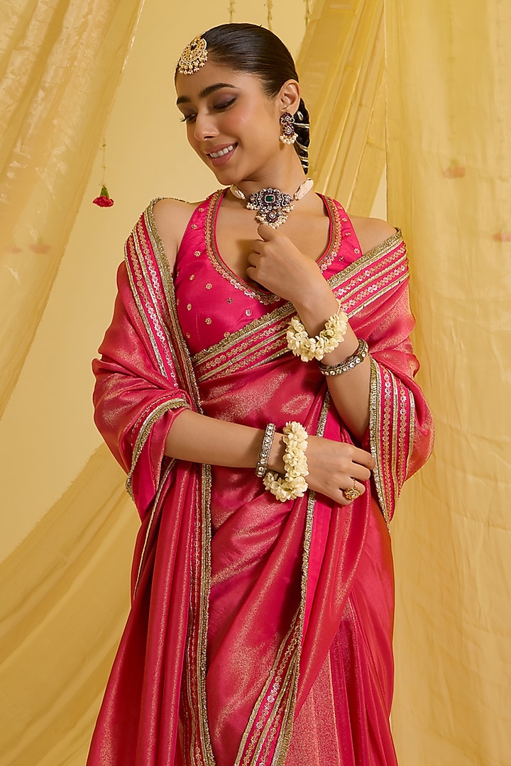 Fuschia Pink Silk & Silk Tissue Embroidered Pre-Draped Saree Set by SONAL PASRIJA at Pernia's ...