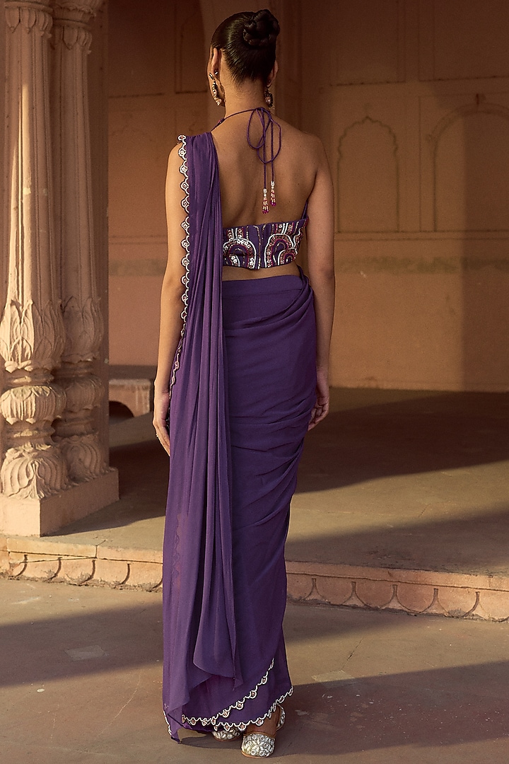 Purple Silk & Georgette Pre-Draped Saree Set by SONAL PASRIJA at Pernia ...