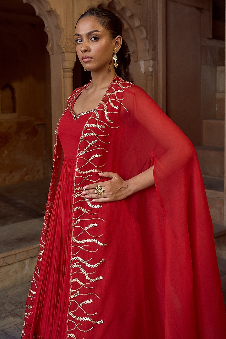 Red Georgette & Organza Embellished Anarkali Set Design by SONAL ...